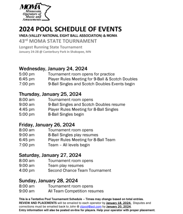 MOMA Pool Calendar of Events - Stansfield Vending | Pool Leagues | Dart ...